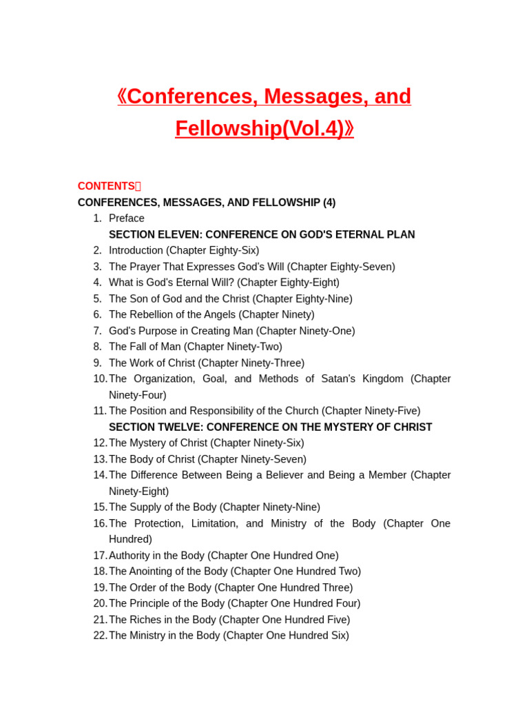 Conferences, Messages, and Fellowship (Vol.4) (Watchman Nee) | PDF ...
