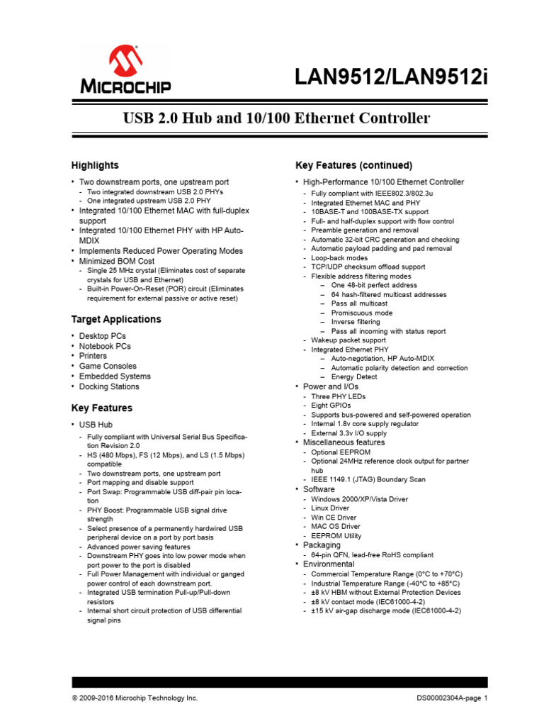 LAN9512/LAN9512i: USB 2.0 Hub and 10/100 Ethernet Controller | PDF ...
