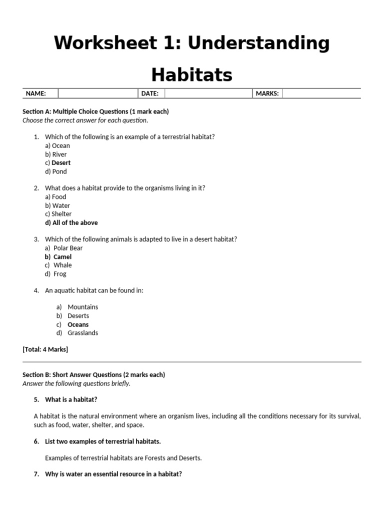 Worksheet Habitats Answers | PDF | Habitat | Aquatic Ecosystem
