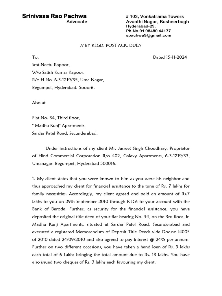 Personal Second Notice To Neetu Kapoor | PDF