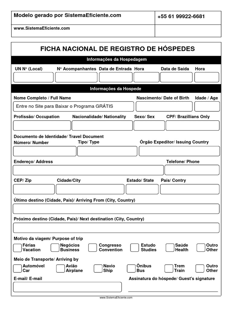 Modelo Ficha Nacional Registro Hospedes FNRH | PDF