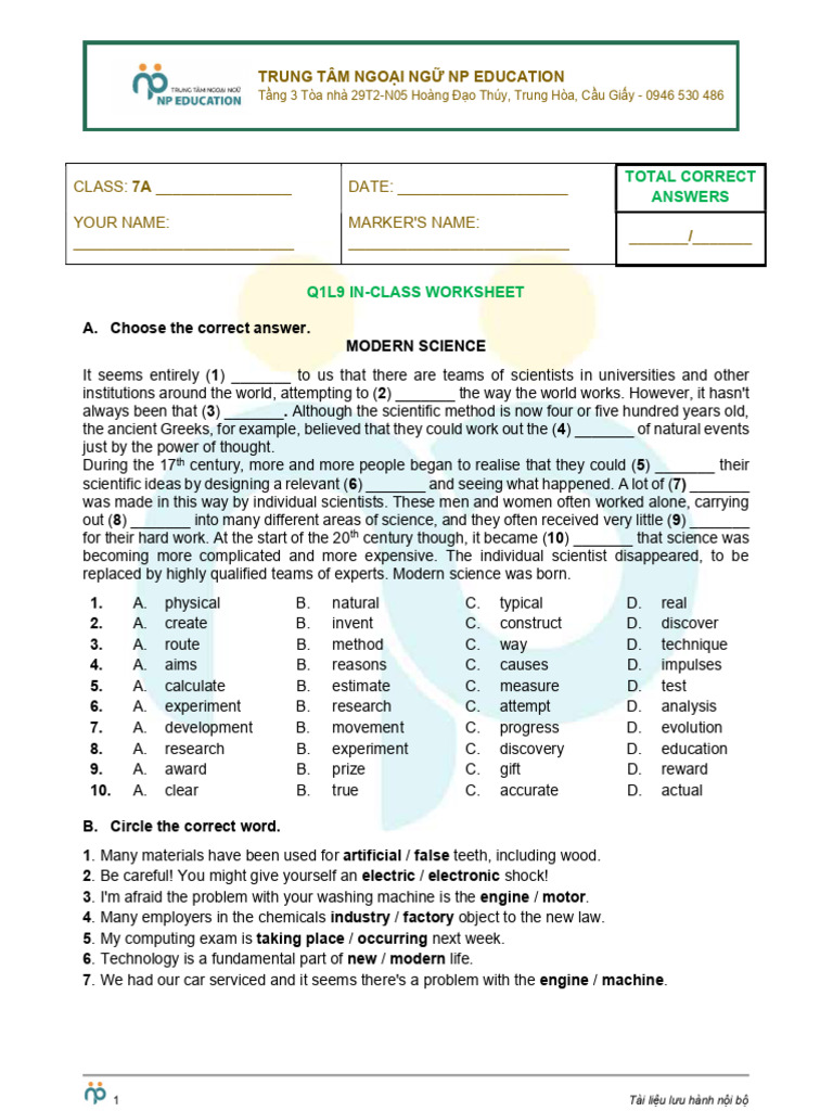 7a Q1L9 In-Class Worksheet | PDF | Experiment | Science