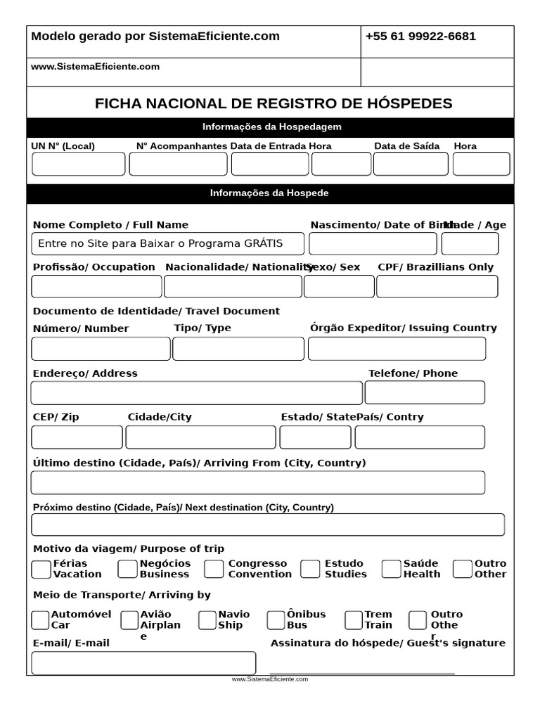 Modelo Ficha Nacional Registro Hospedes FNRH | PDF