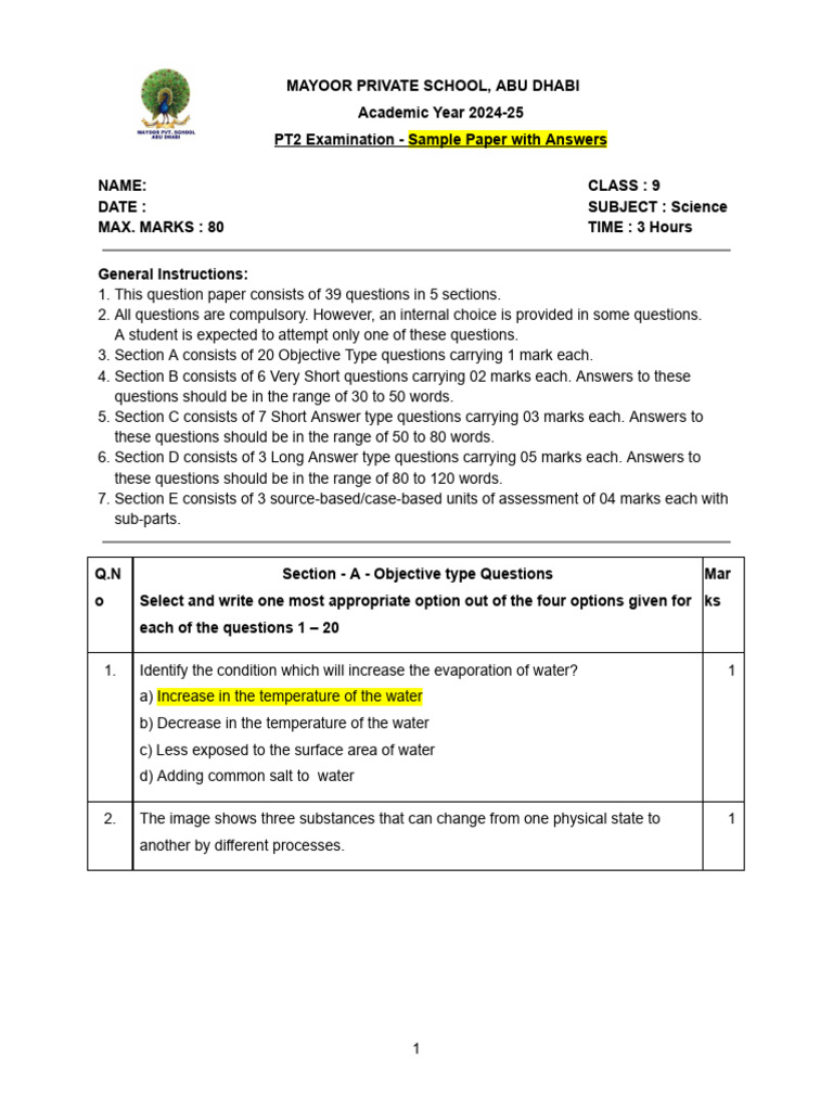 Sample Paper With Answers of PT 2 Exam - Science - Grade 9 - 2024-25 ...
