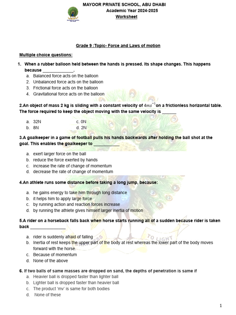 Grade 9 Physics: Force & Motion Worksheet | PDF | Force | Inertia