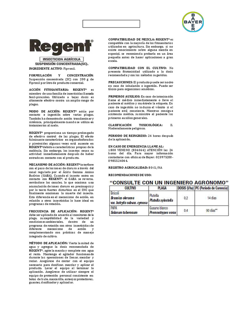 regent-bayer-ficha-tecnica-ecuador | PDF | Insecticida