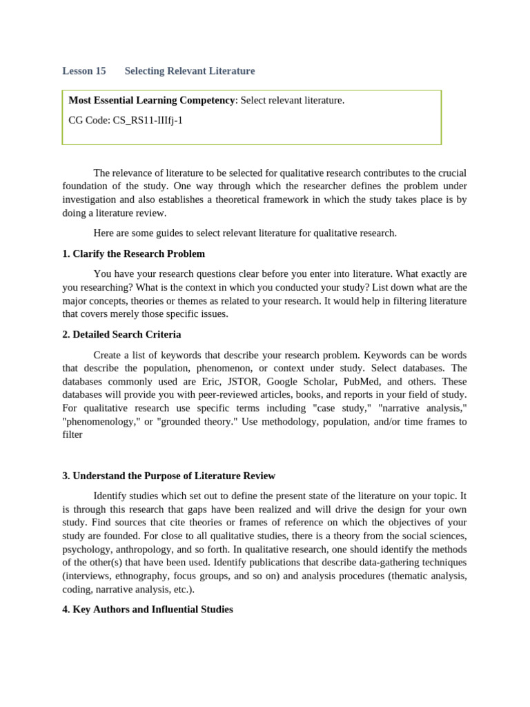 Lesson 15 Selecting Relevant Literature | PDF | Qualitative Research ...