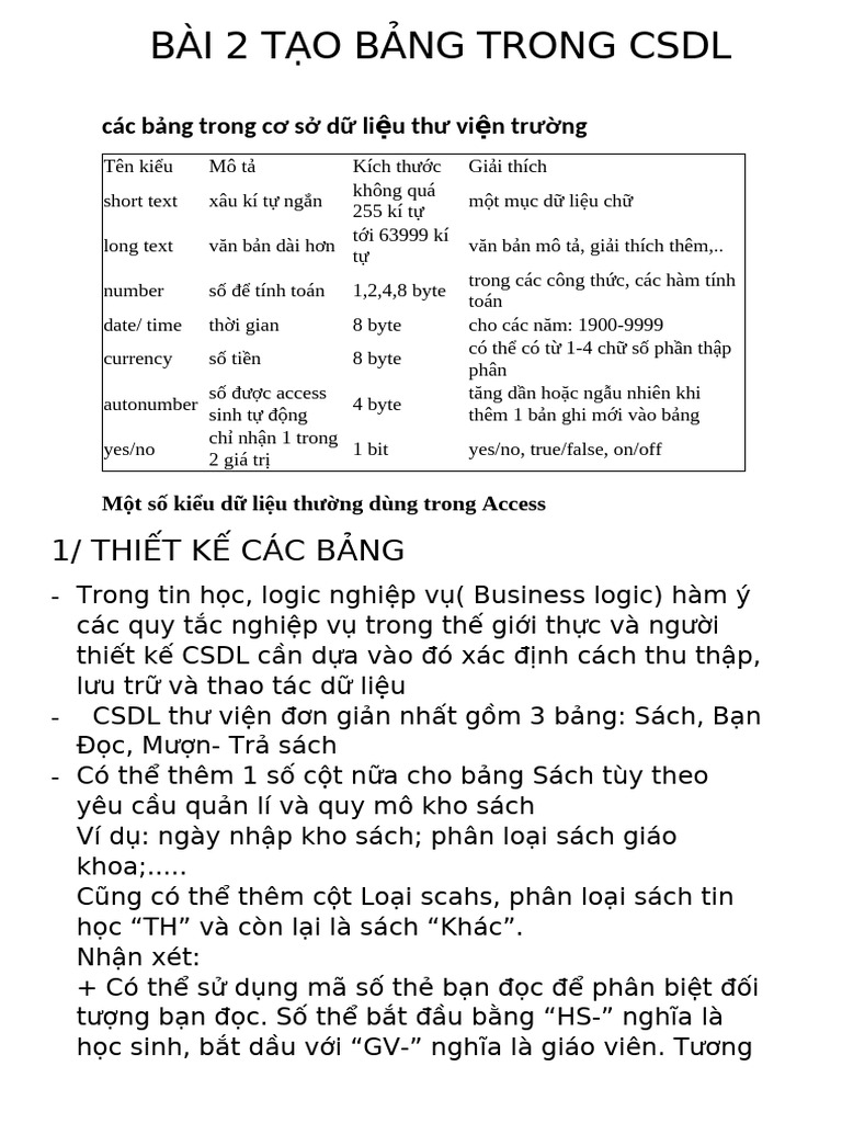 Bài 2 T o B NG Trong CSDL | PDF