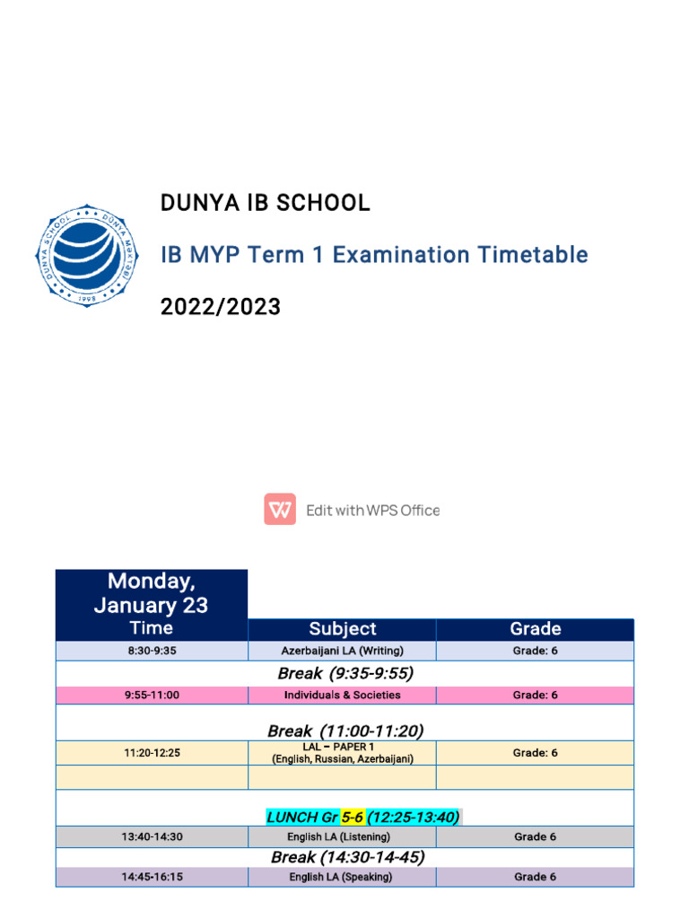 MYP Term 1 Examination Schedule | PDF