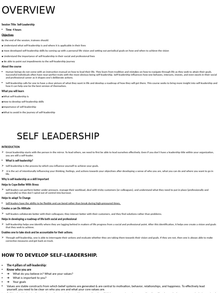 SELF LEADERSHIP TRAINING MANUAL | PDF | Leadership | Self Awareness