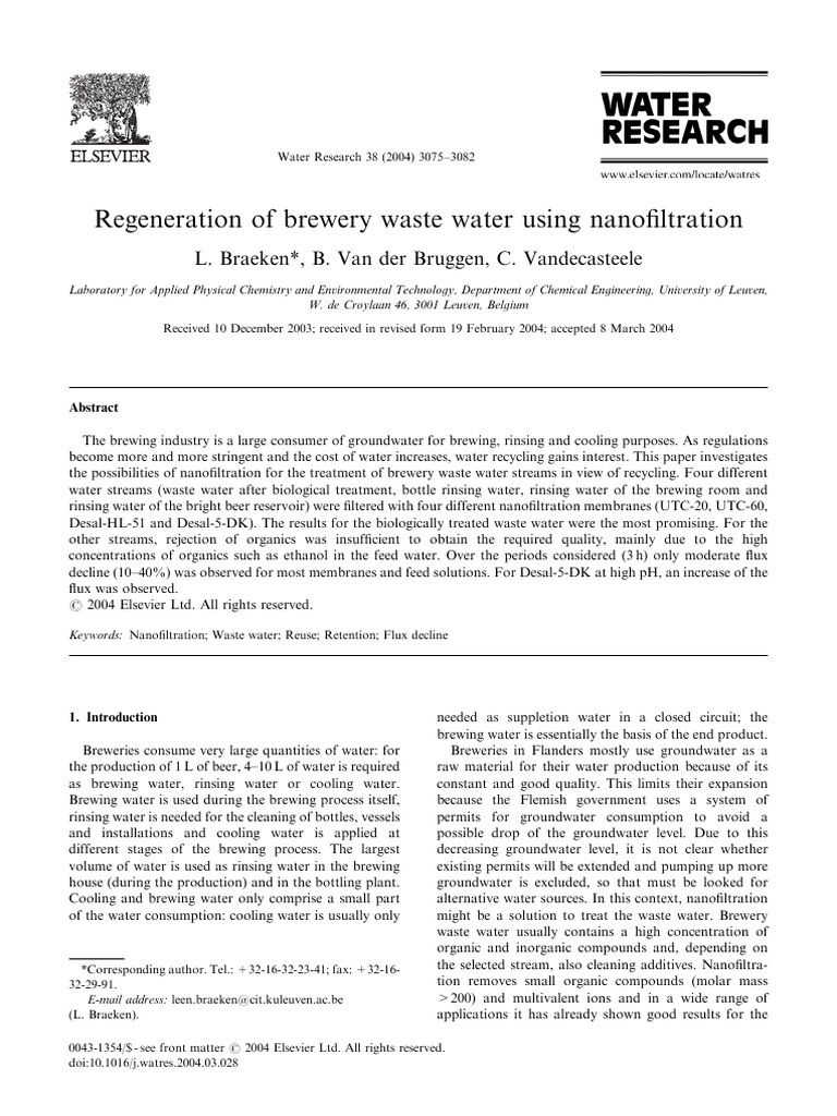 Nanoﬁltration of Brewery Waste Water | PDF | Water | Membrane