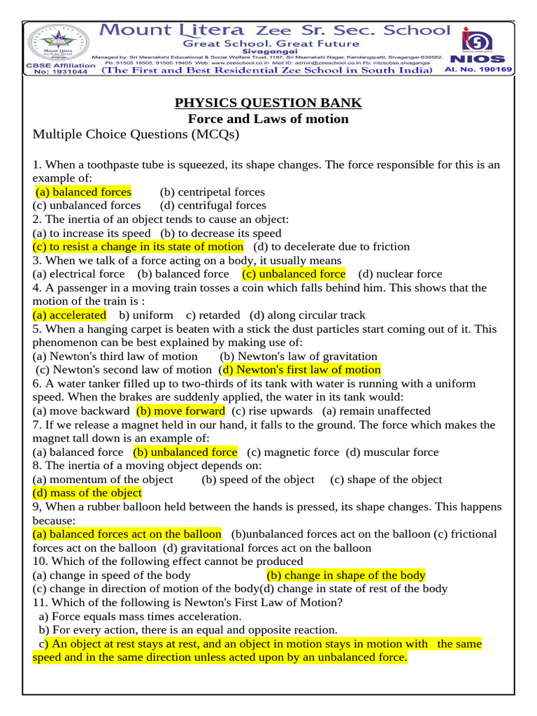 Physics Question Bank - G 9 | PDF | Force | Inertia