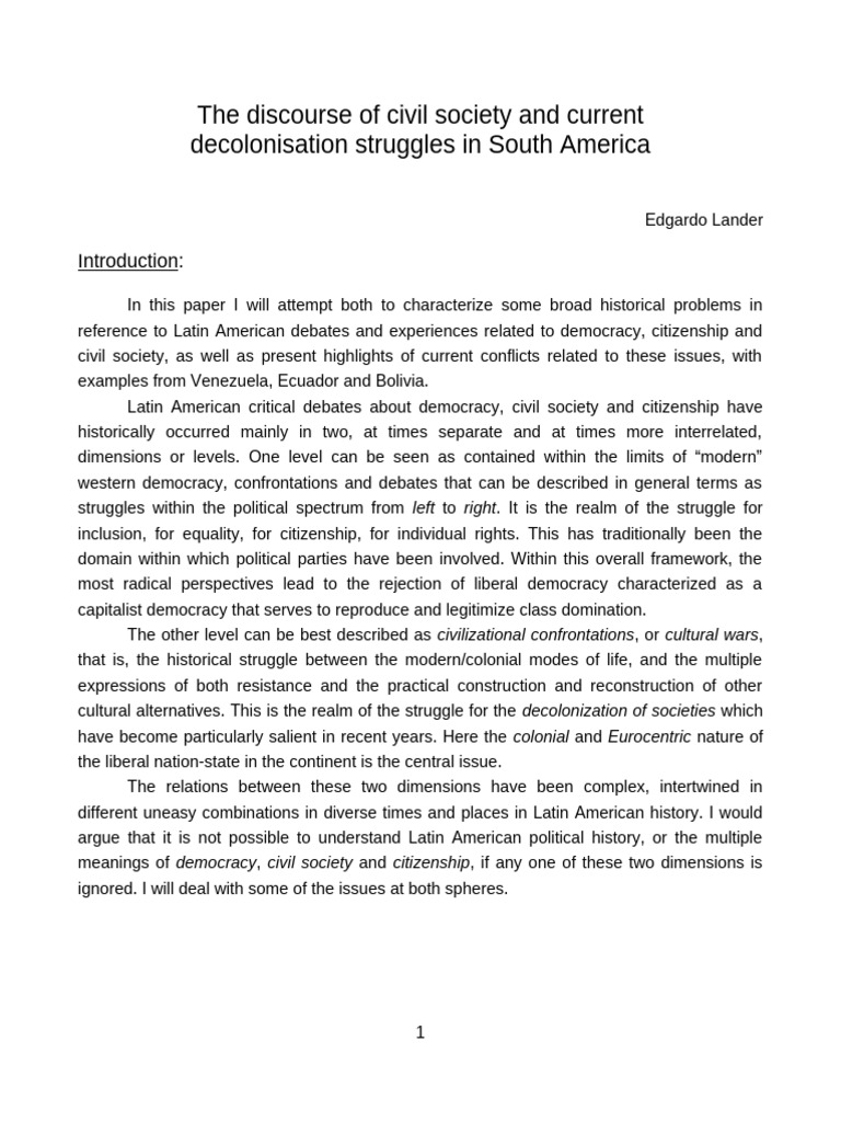 The Discourse of Civil Society and Current Decolonization Struggles in ...