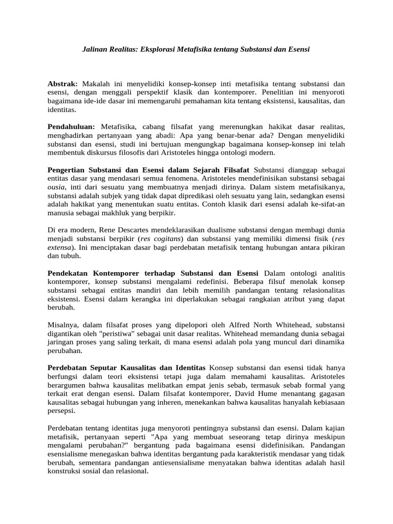 Eksplorasi Metafisika Tentang Substansi Dan Esensi Sebuah Refleksi | PDF