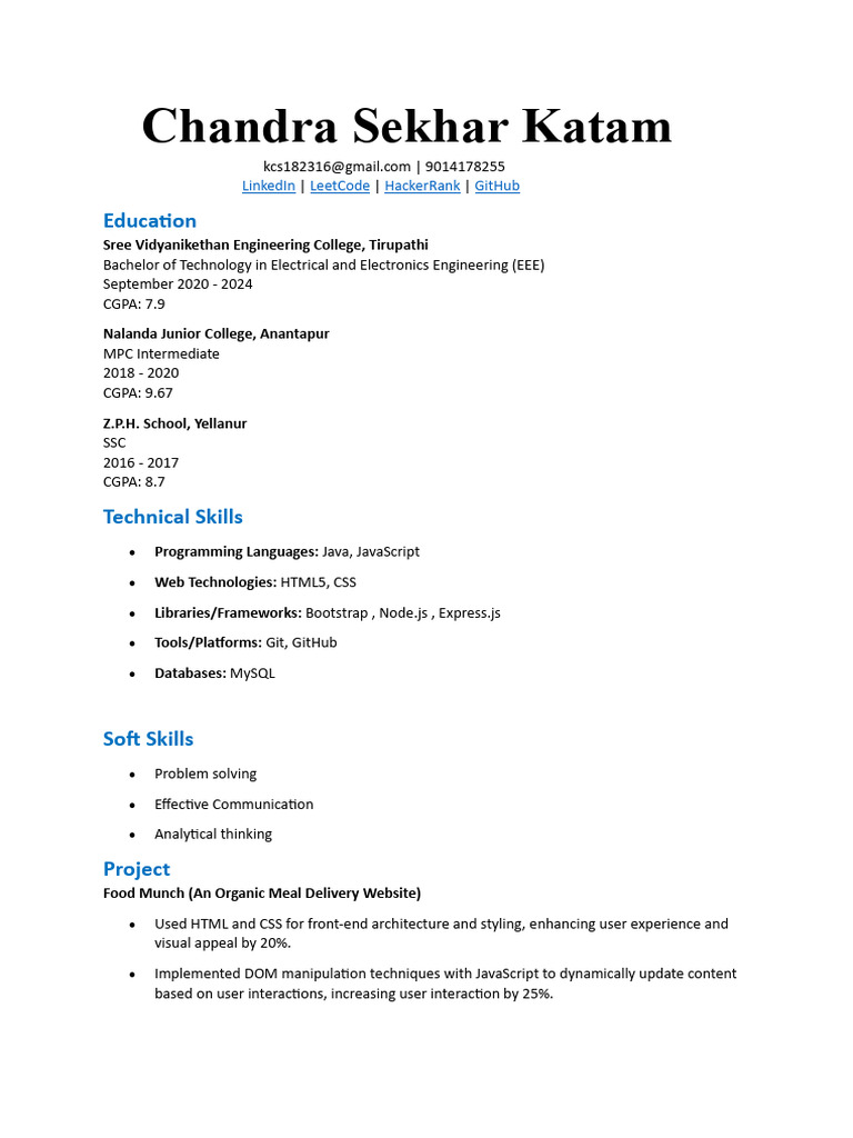 HackerRank Resume of Chandra Sekhar | PDF