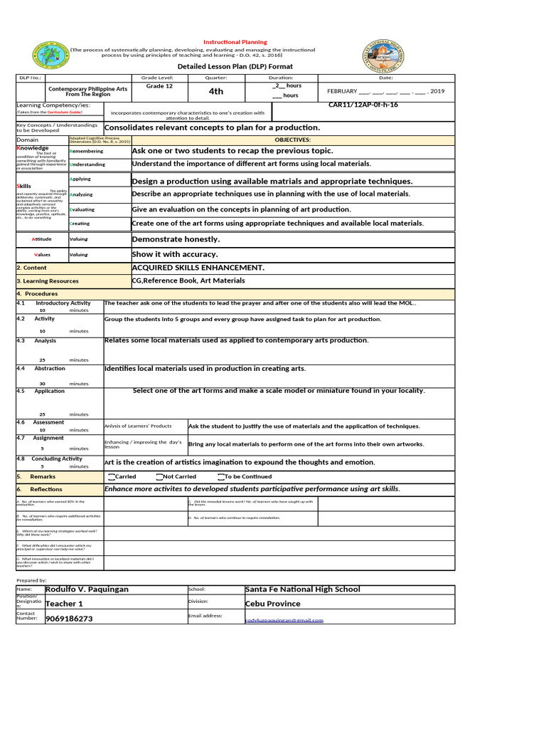 DLP For Contemporary Philippine Arts From The Region FEBRUARY - , - , - , - , - , 2019-4th qrtr ...