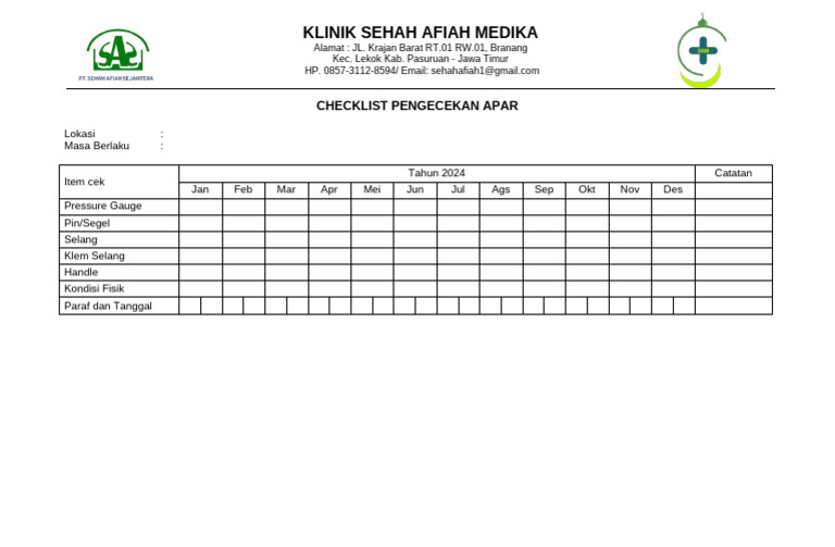 Checklist Pemeliharaan APAR 2024 | PDF