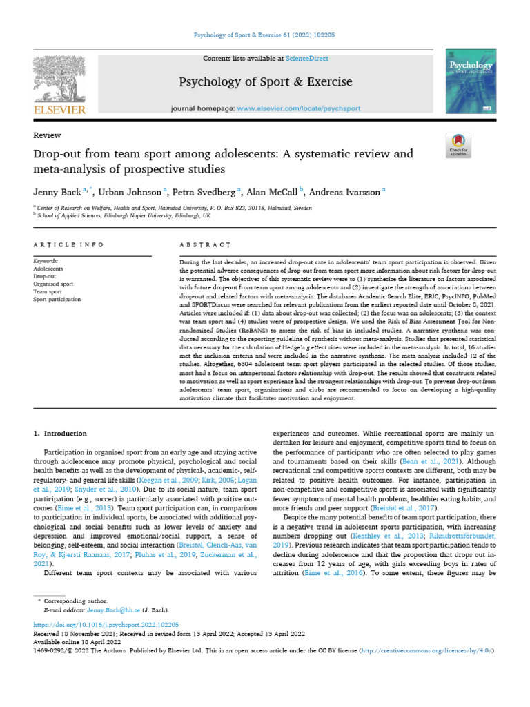 Drop-Out From Team Sport Among Adolescents | PDF | Effect Size | Meta ...