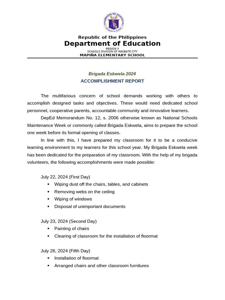 Brigada Eskwela Accomplishment | PDF | Teachers | Classroom