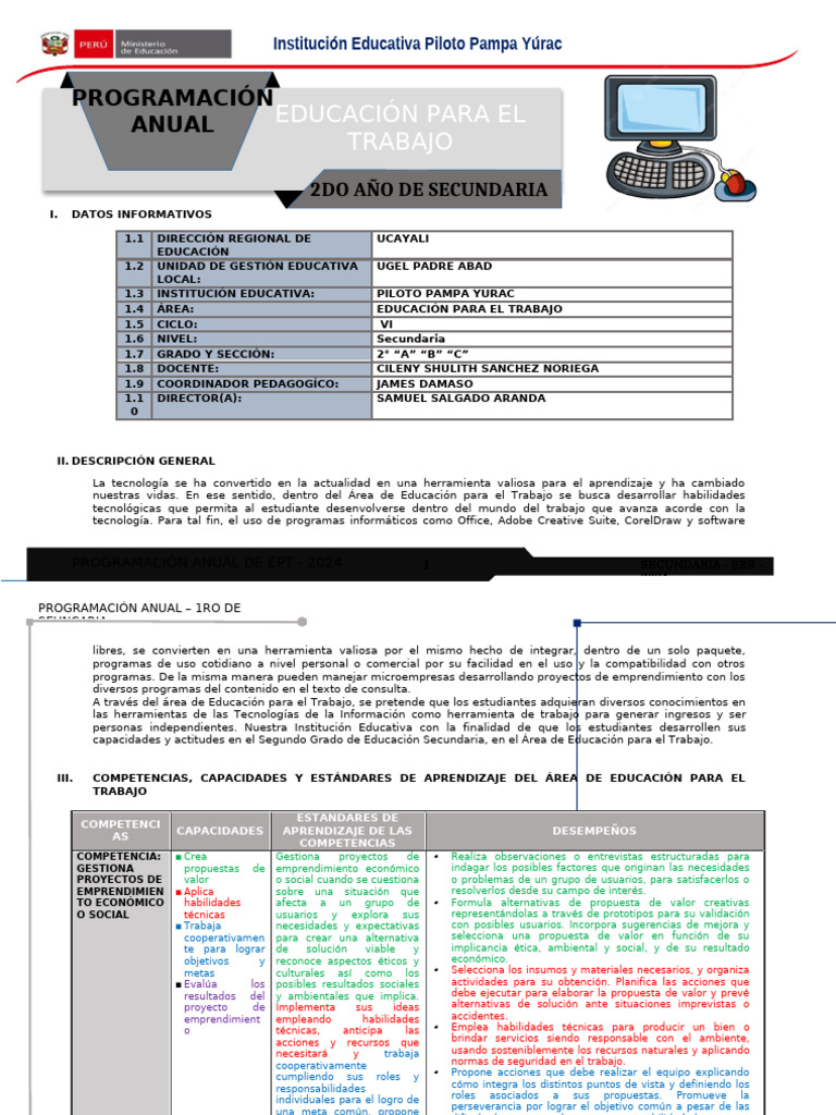 PROGRAMACIÓN ANUAL 2º EPT - 2024 | PDF | Microsoft Excel | Evaluación