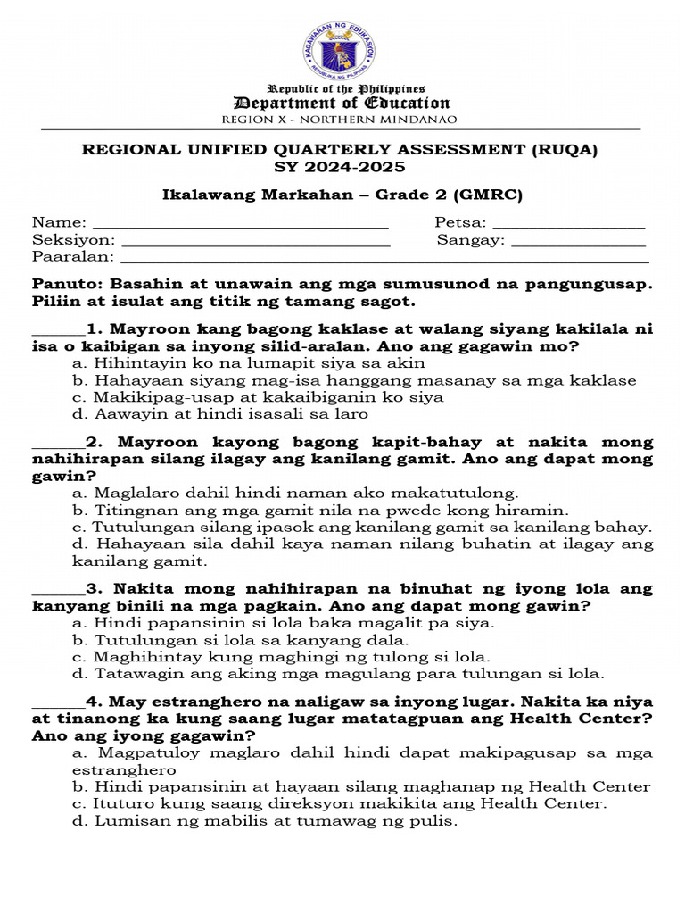 Grade 2 - GMRC 2Q RUQA FINAL QUESTIONS | PDF