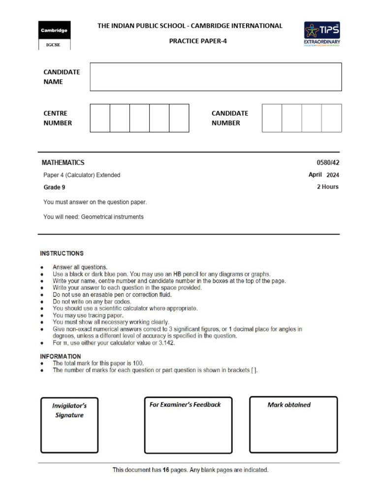 g10-Extended Math Practice Paper-4-Holiday Assignment | PDF