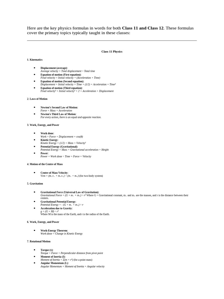 Here Are The Key Physics Formulas in Words For Both Class 11 and Class ...