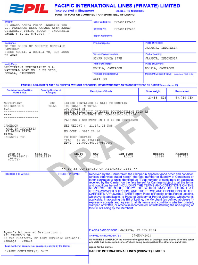 DRAFT BL JKT400477400 (1) | PDF | Bill Of Lading | Cargo