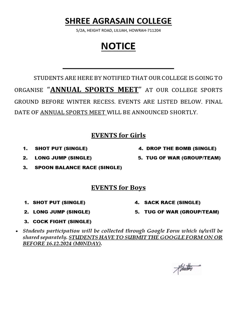 Annual Sports Meet Notice 2024 | PDF