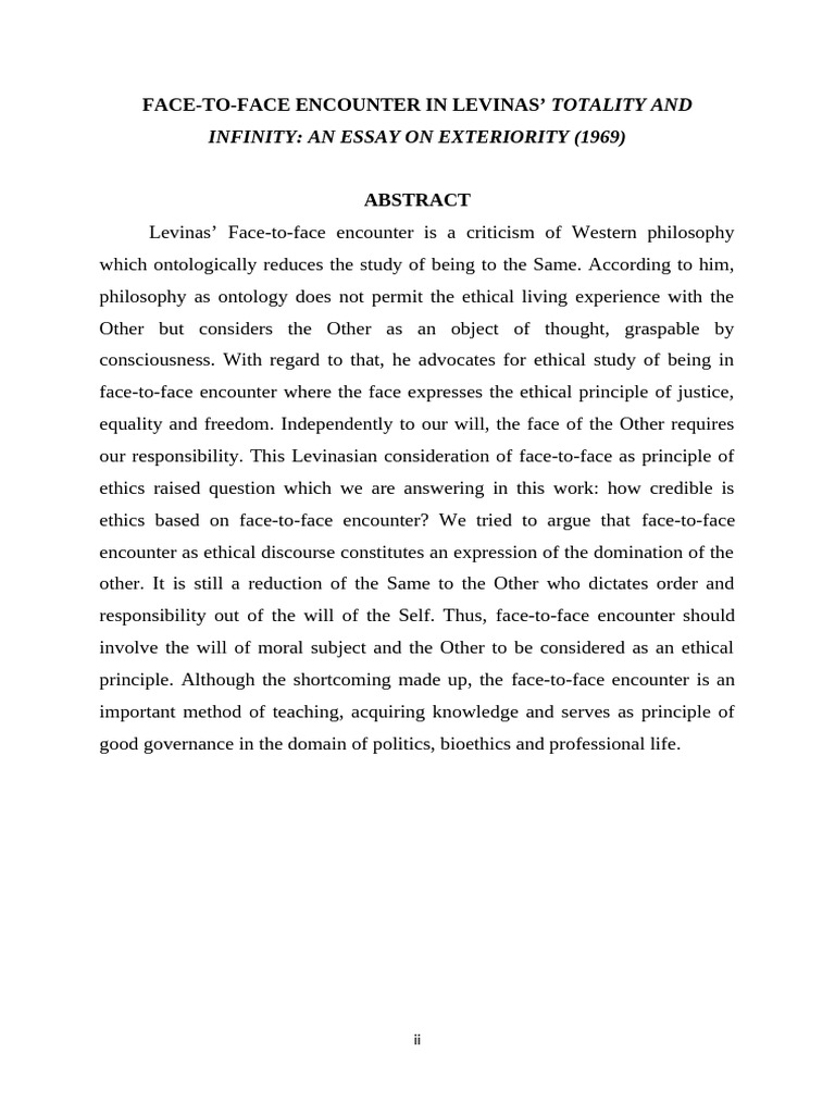FACE-TO-FACE ENCOUNTER IN LEVINAS’ TOTALITY AND INFINITY AN ESSAY ON ...