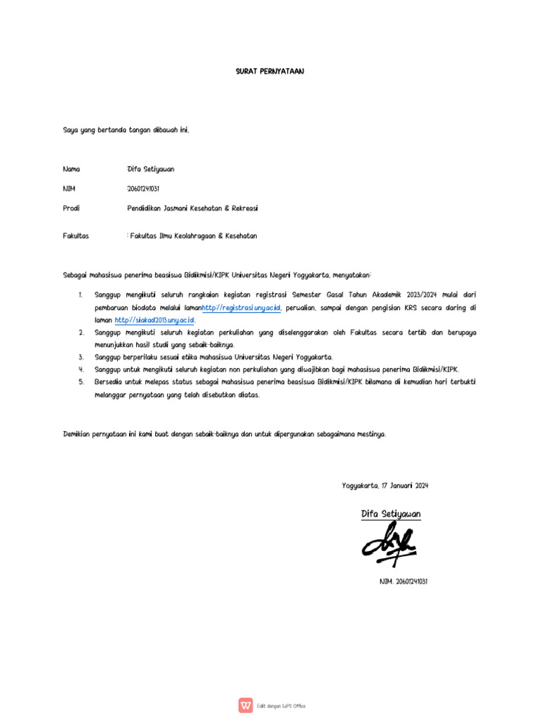Surat Pernyataan Bidikmisi&KIPK - 2024 - 061601 | PDF