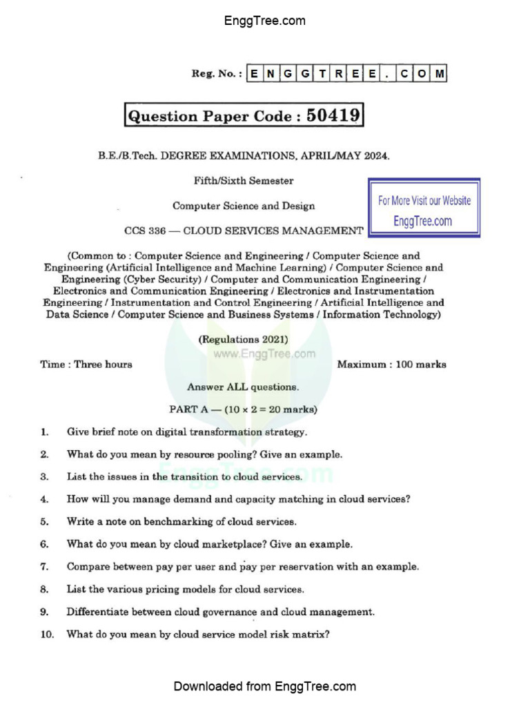 CCS336 Cloud Services Management Apr May 2024 Question Paper Download | PDF