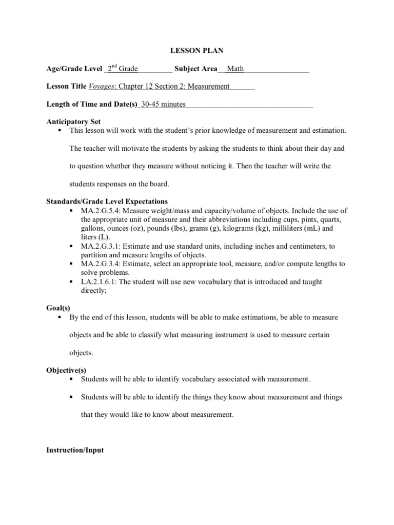 Lesson Plan 2nd Grade | PDF | Litre | Ounce