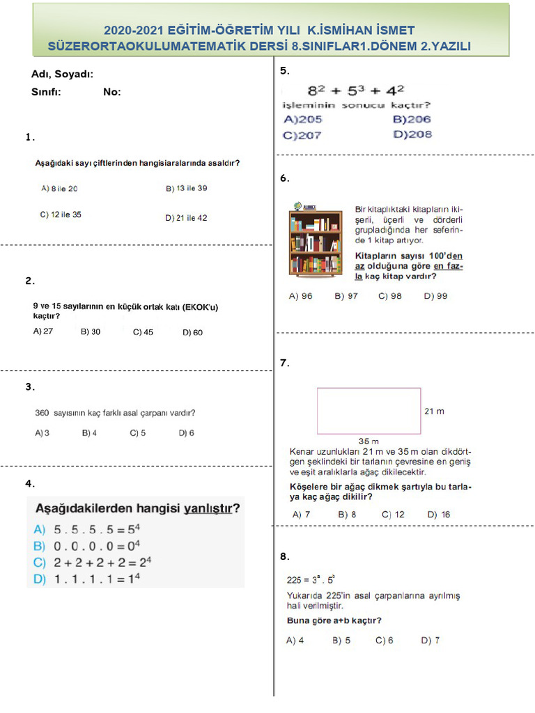 8.Sinif-Matematik-1.-Donem-2.-Yazili-Sorulari-1 | PDF