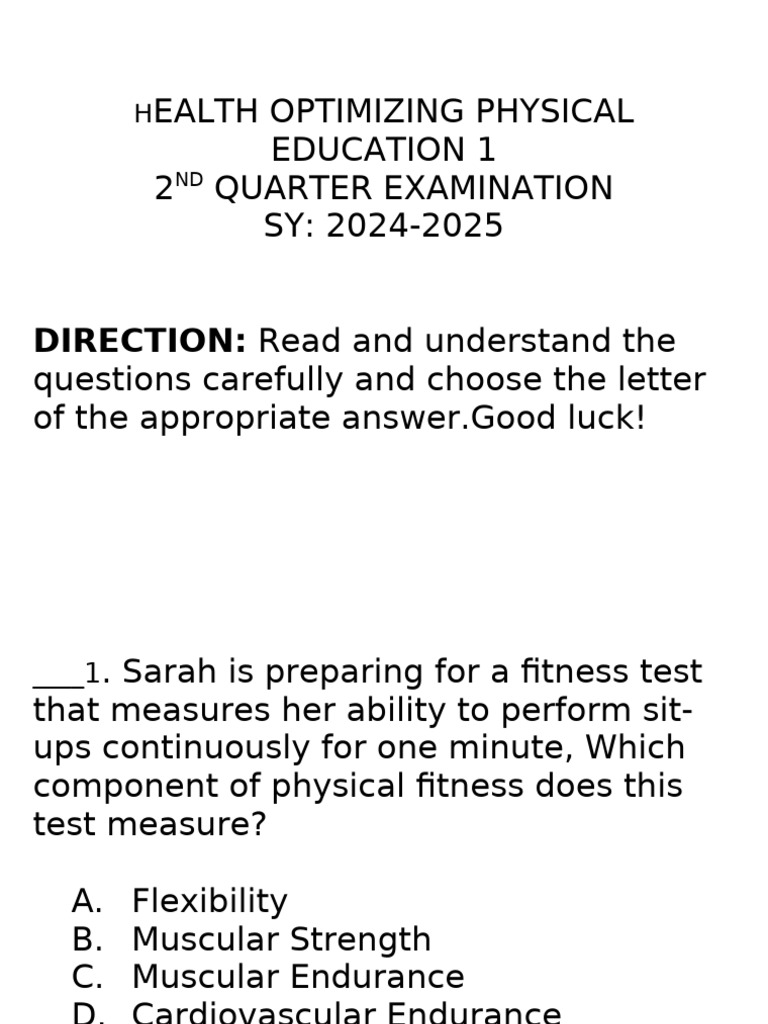 Quarter 2 Health Optimizing Physical Education 1 | PDF | Physical Fitness | Strength Training