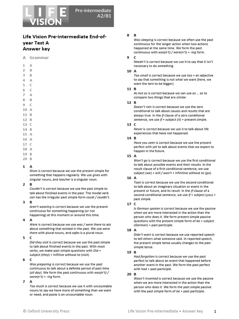 Life Vision Pre-Intermediate Answer Key | PDF | Language Mechanics | Syntax