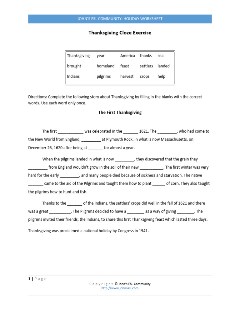 Thanksgivingclozeexercise | PDF | Thanksgiving | Plymouth Colony