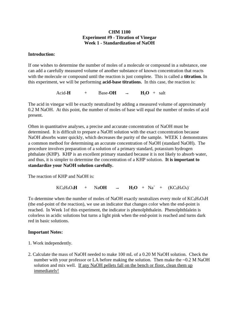 CHM 1100-2024-Fall - Experiment 9 - NaOH Standardization-Vinegar Titr | PDF | Acid | Titration