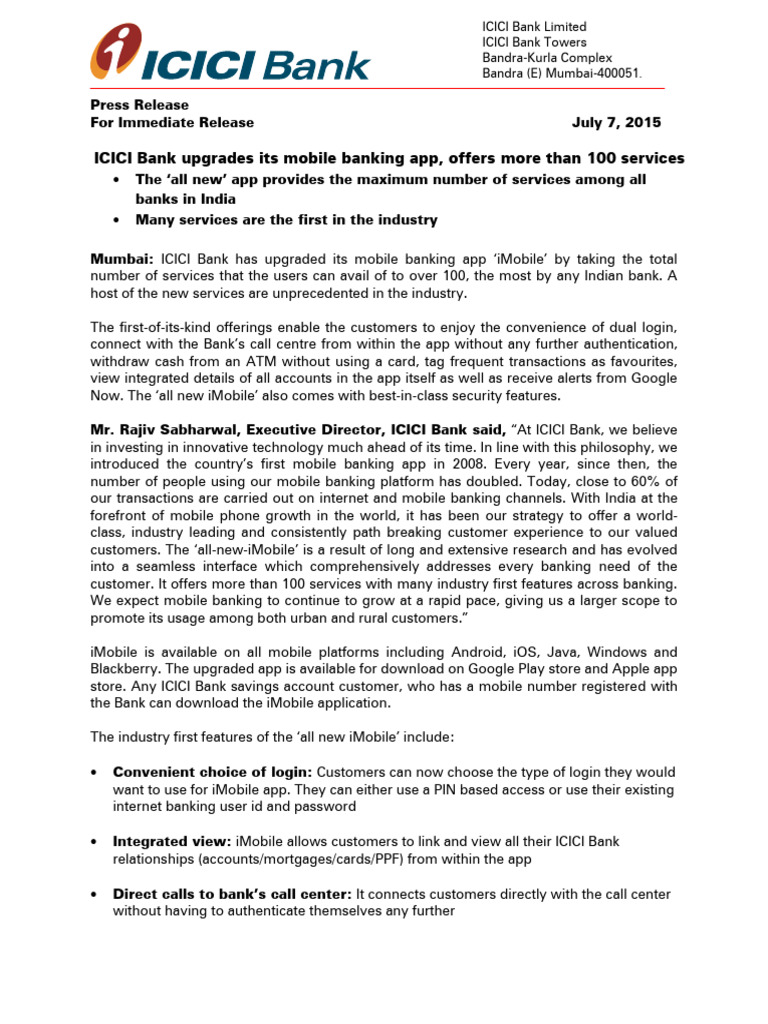 ICICI Bank Launches Enhanced iMobile App | PDF | Banks | Mobile App