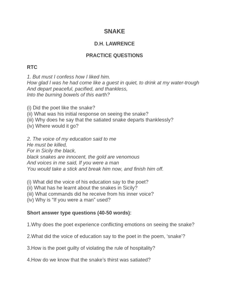 Snake by D.H. Lawrence: Q&A Guide | PDF