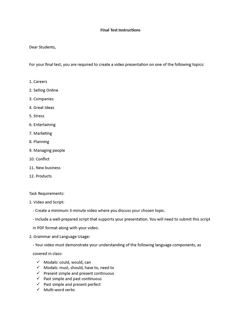 Final Test Instructions | PDF