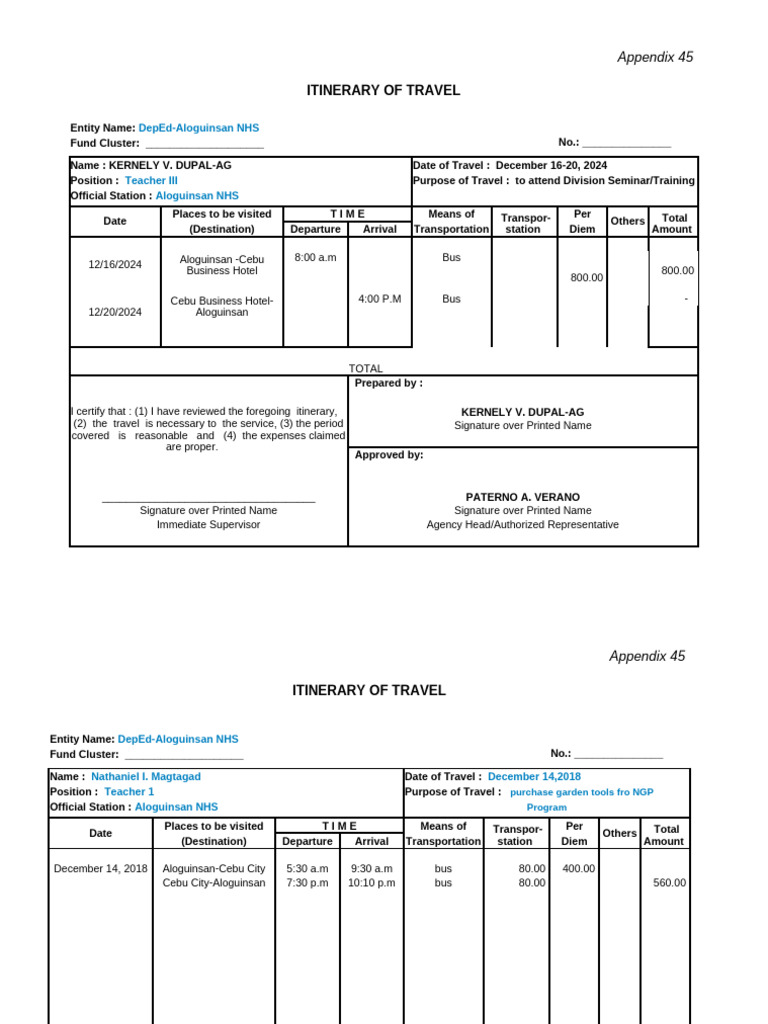 Travel Itinerary for DepEd-Aloguinsan | PDF