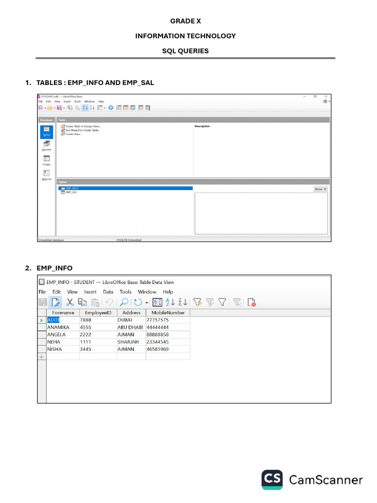 SQL Queries for EMP_INFO and EMP_SAL | PDF