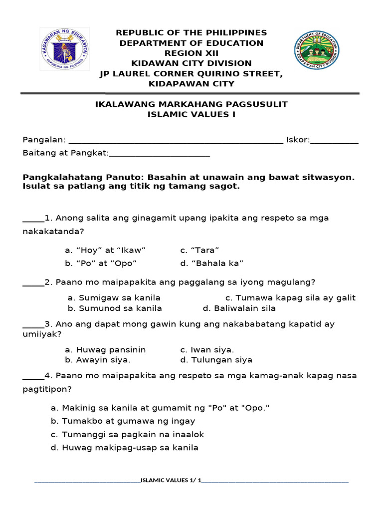 Islamic Values 1 Q2 | PDF