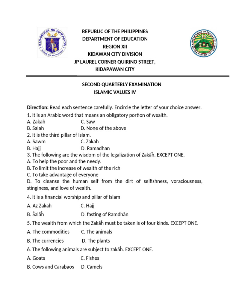 Islamic Values Iv 2ND Quaterly Examination | PDF | Prophets And ...