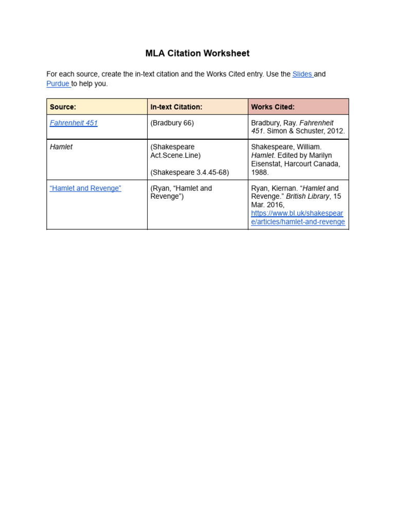 MLA Citation Worksheet PDF | PDF