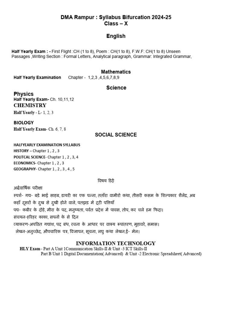 Class 10 Compiled Syllabus For 2024-25 For Half Yearly Only | PDF