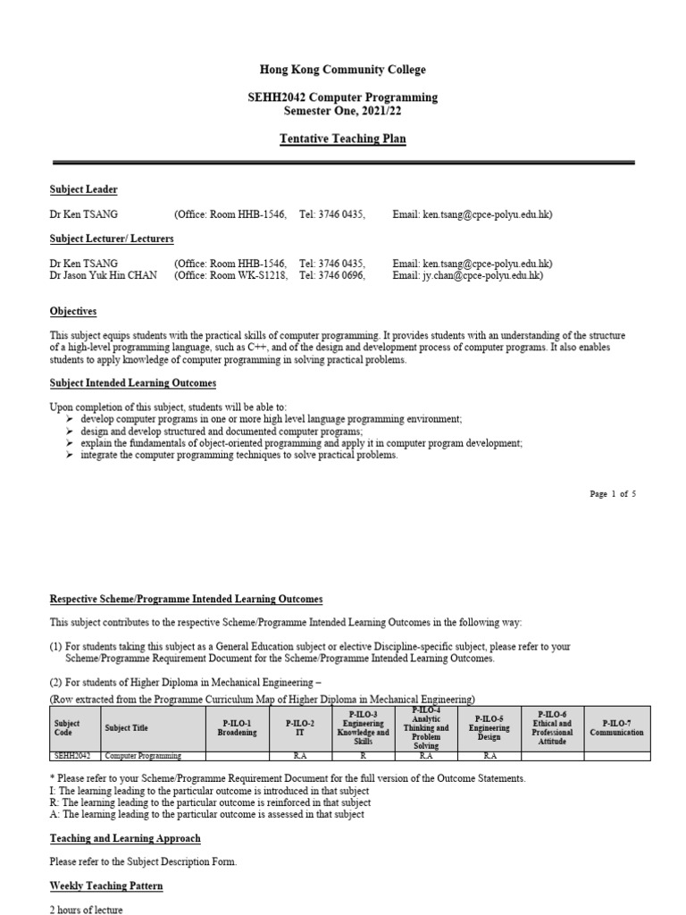 SEHH2042 2122S1 Teaching Plan | PDF | Computer Programming | Engineering