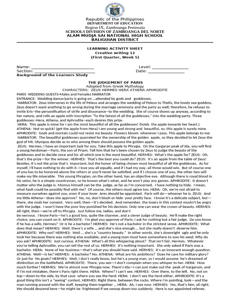 Las Creative Writing 12 Wk5 | PDF | Paris (Mythology) | Helen Of Troy