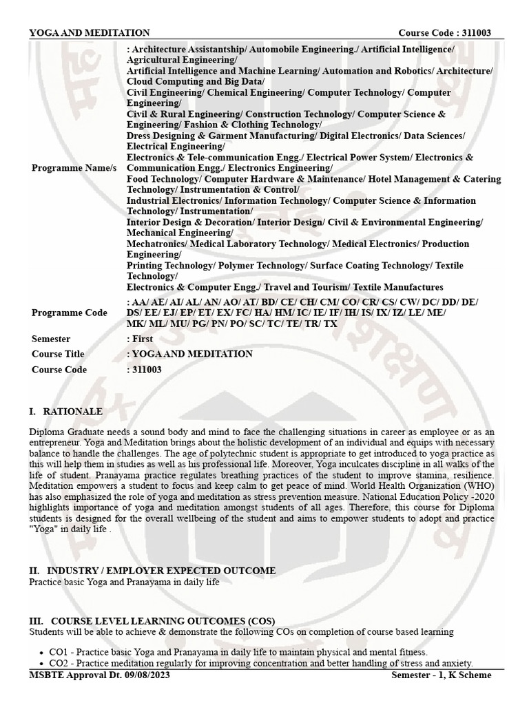 311003-YOGA AND MEDITATION Manual For 1st Yr Diploma | PDF | Yoga | Engineering